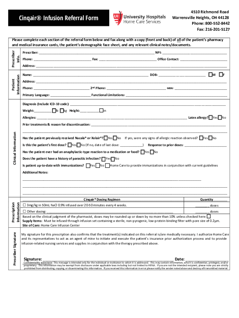 Fillable Online Cinqair® Infusion Referral Form Fax Email Print - pdfFiller