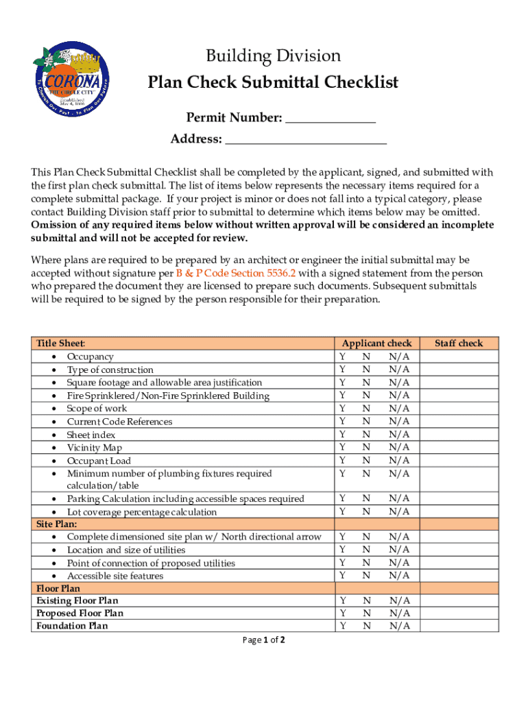 Fillable Online Building Division Plan Check Submittal Checklist Fax ...