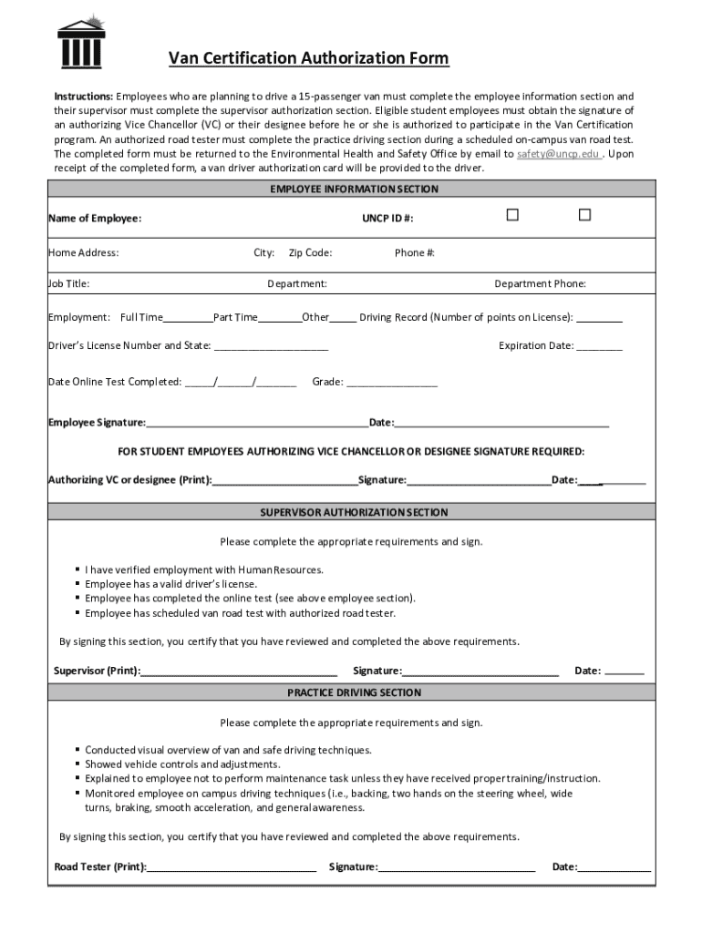 Fillable Online Van Certification Authorization Fax Email Print - pdfFiller