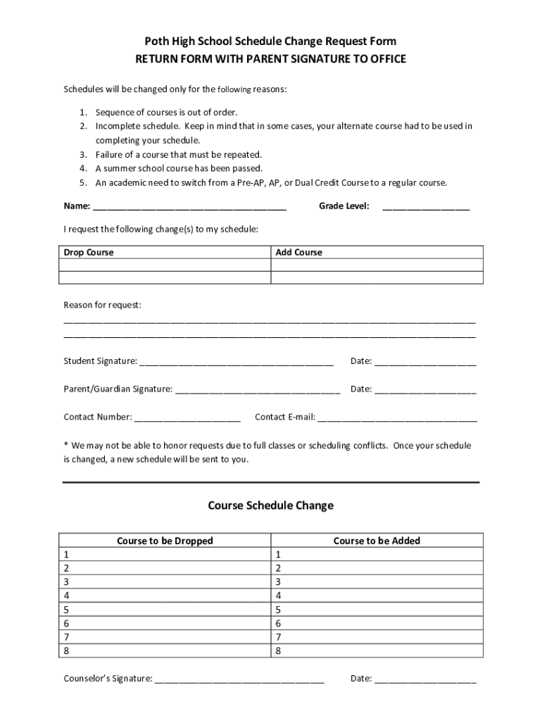Fillable Online Poth High School Schedule Change Request Fax Email Print - pdfFiller