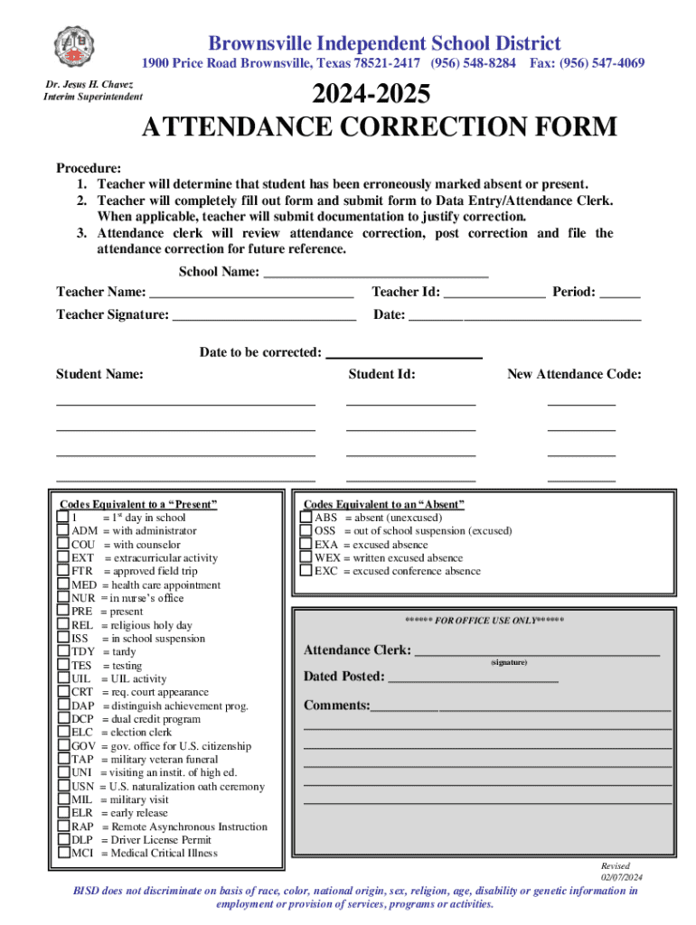 Fillable Online 2024-2025 Attendance Correction Form Fax Email Print - pdfFiller