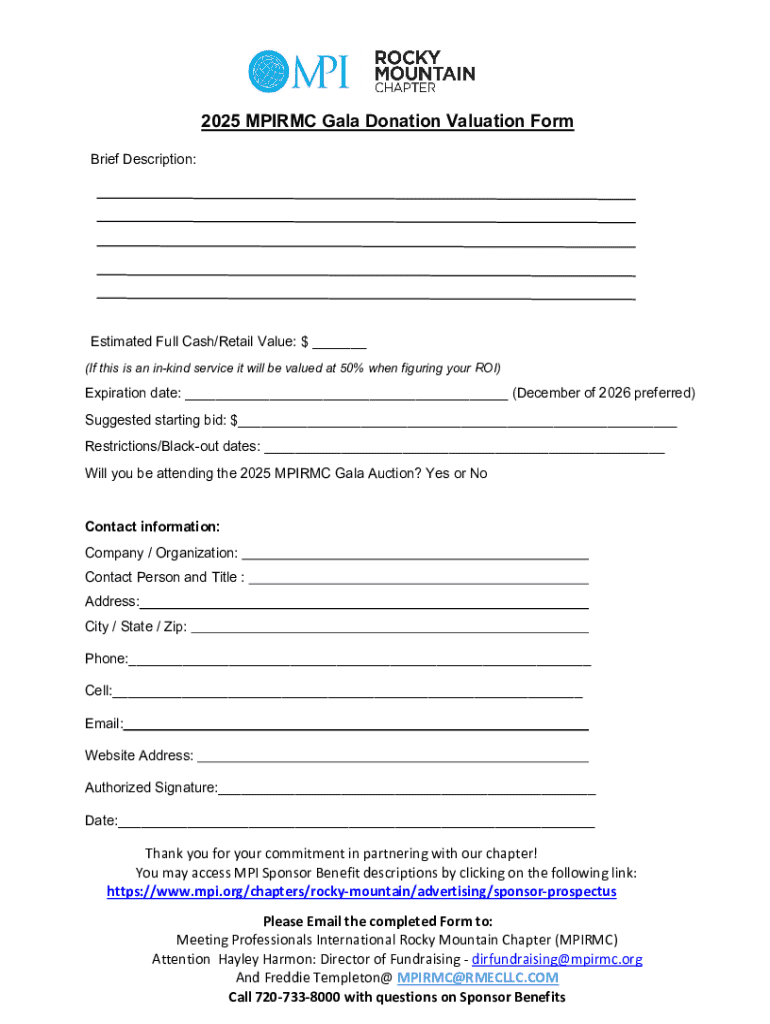 Fillable Online 2025 Mpirmc Gala Donation Valuation Form Fax Email ...