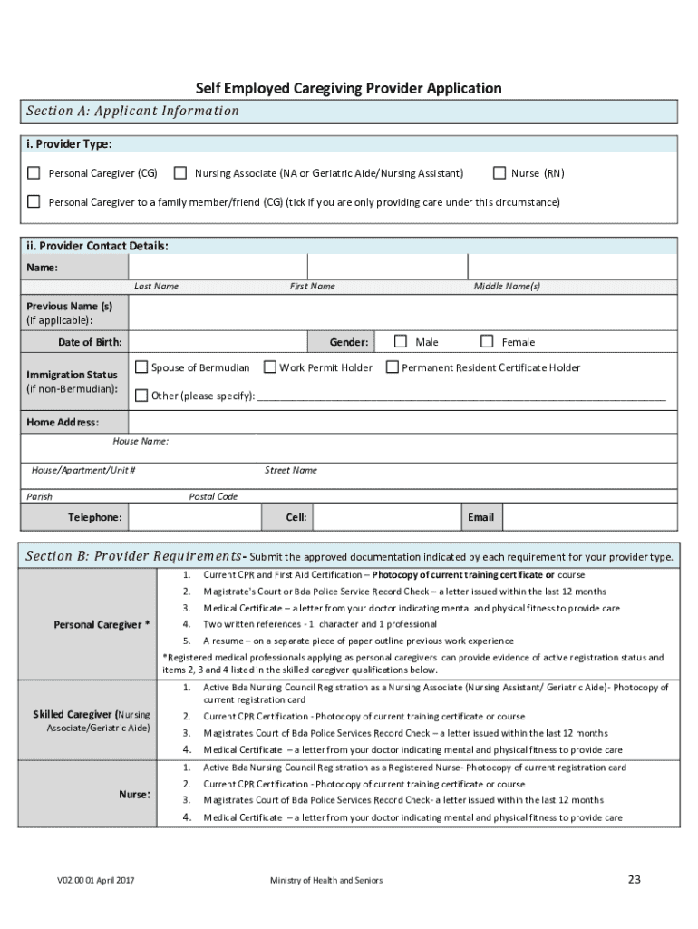 Fillable Online Self-employed Caregiver Application Form Fax Email ...
