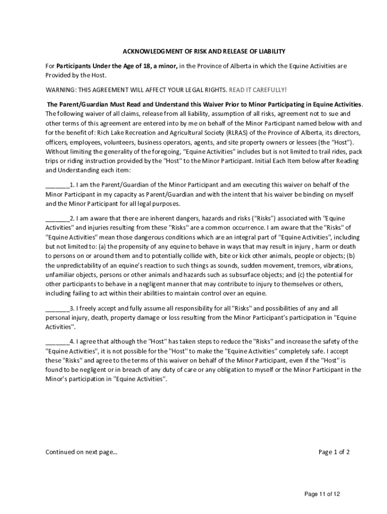 Fillable Online Acknowledgment of Risk and Release of Liability for Minor Participants Fax Email ...