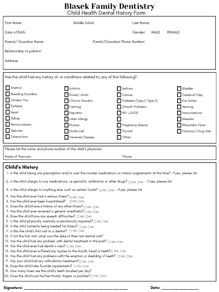 Fillable Online Child Health Dental History Fax Email Print - pdfFiller
