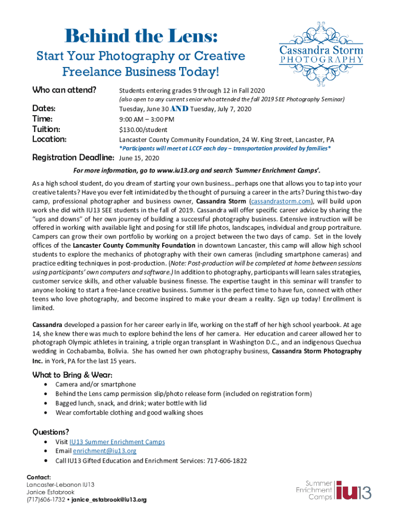 Fillable Online Behind the Lens: Start Your Photography or Creative ...