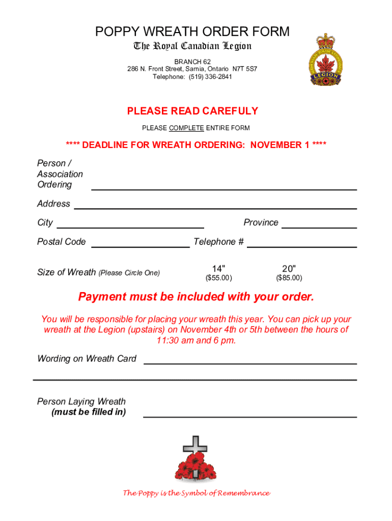Fillable Online Poppy Wreath Order Form Fax Email Print - pdfFiller