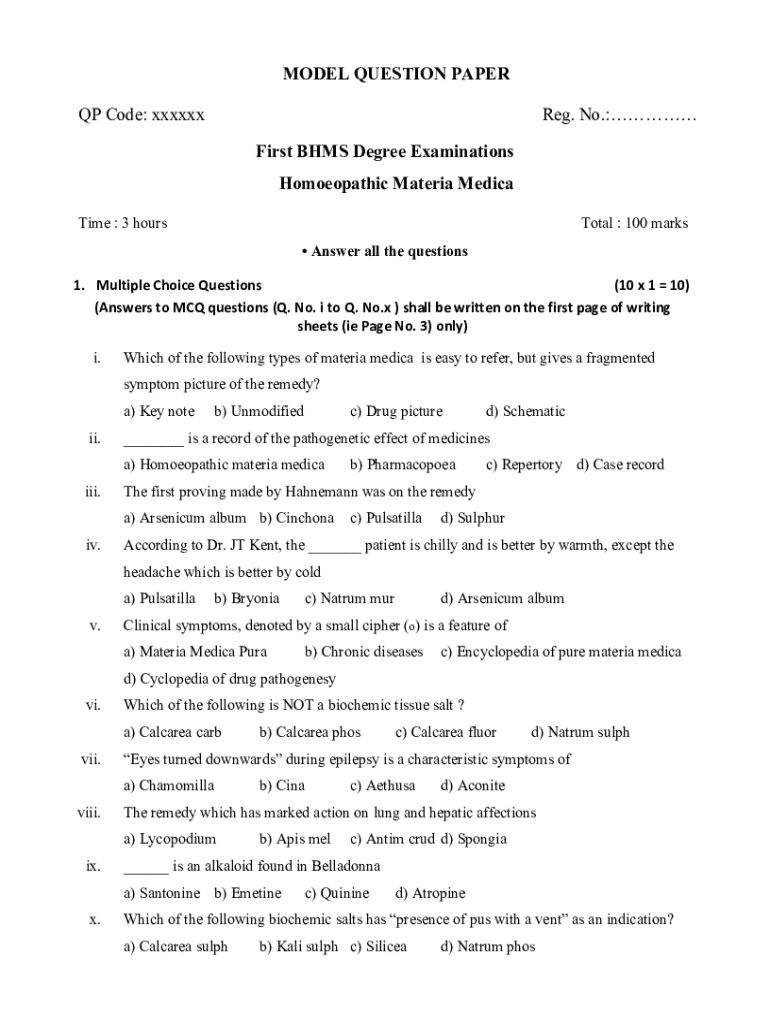 Fillable Online First Bhms Degree Examinations - Homoeopathic Materia ...