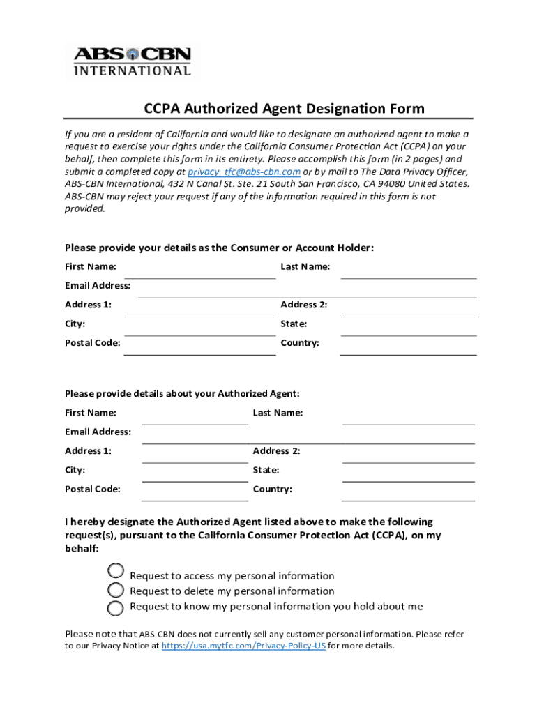 Fillable Online Ccpa Authorized Agent Designation Fax Email Print - pdfFiller