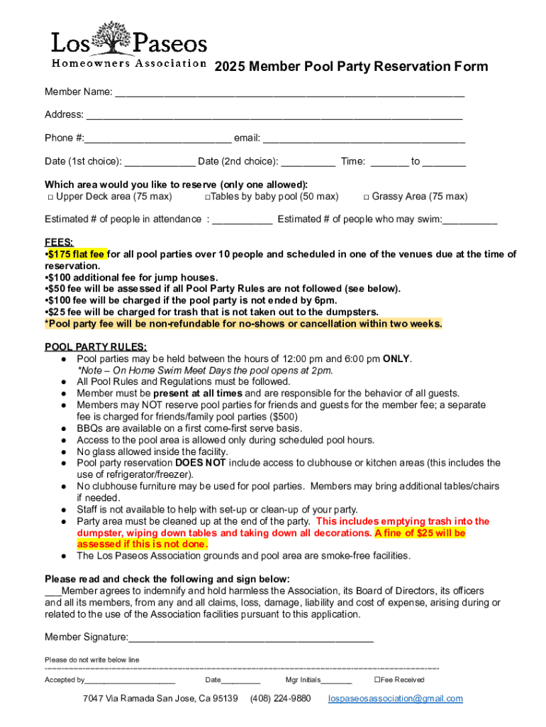 Fillable Online 2025 Member Pool Party Reservation Form Fax Email Print ...