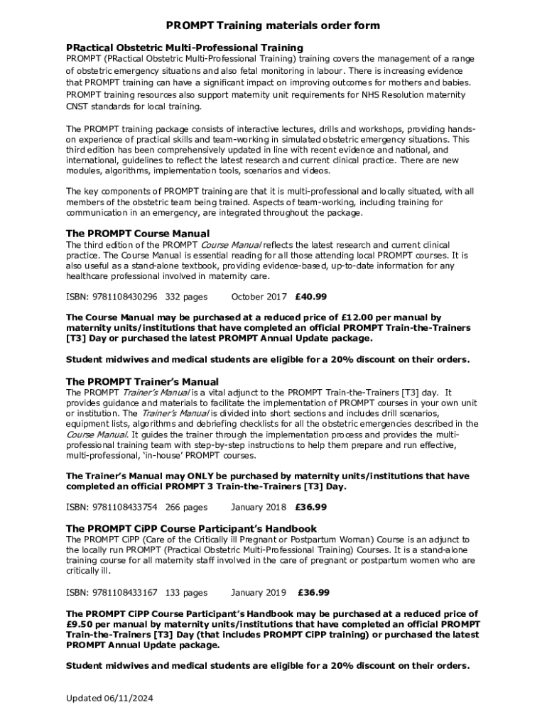 Fillable Online Prompt Training Materials Order Form Fax Email Print ...
