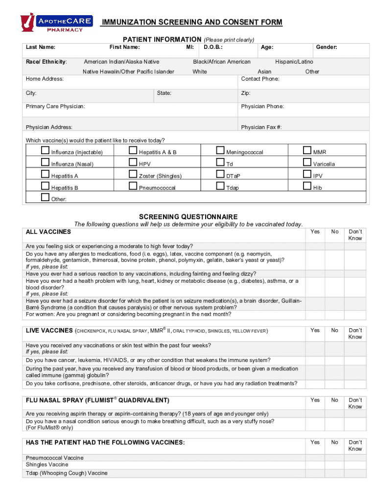 Fillable Online Immunization Screening and Consent Form Fax Email Print ...