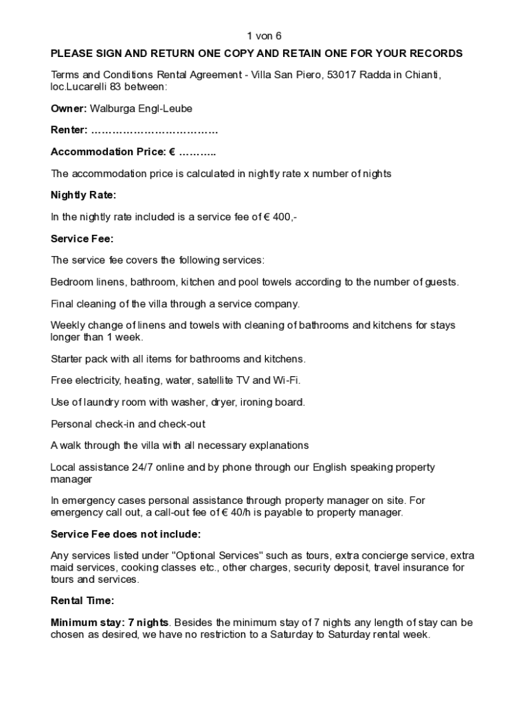 Fillable Online Terms and Conditions Rental Agreement - Villa San Piero Fax Email Print - pdfFiller