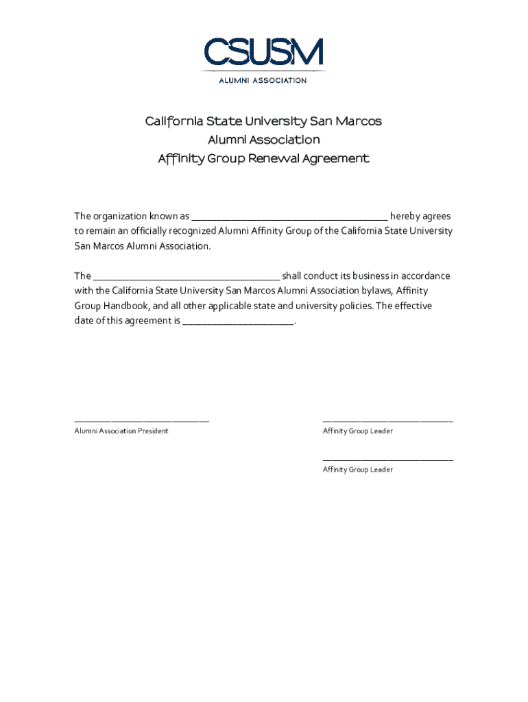 Fillable Online Alumni Association Affinity Group Renewal Agreement Fax ...