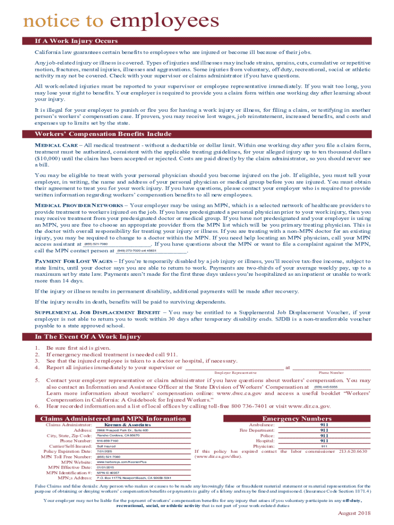 Rellenable en línea Notice to Employees Regarding Work Injuries Fax ...