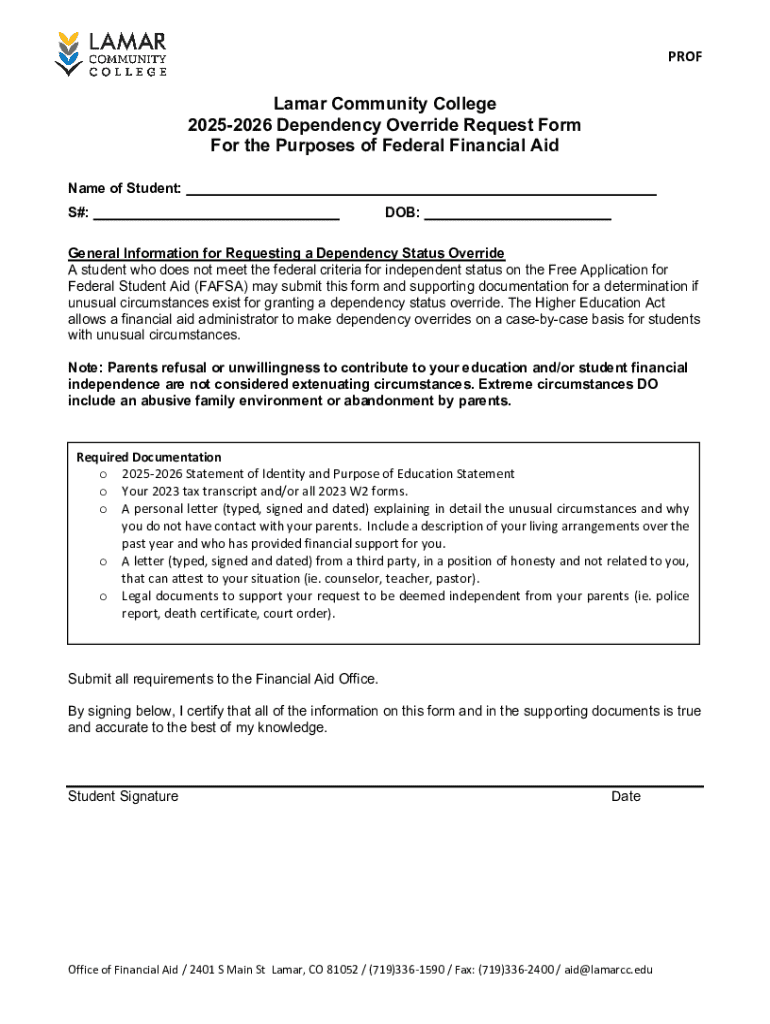 Fillable Online Dependency Override Request for Federal Financial Aid ...
