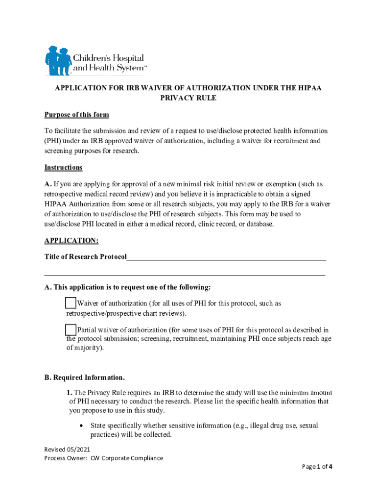 Fillable Online Application for Irb Waiver of Authorization Fax Email ...