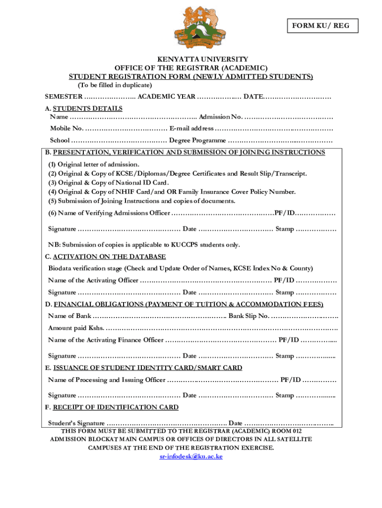 Fillable Online Student Registration Form (newly Admitted Students) Fax ...