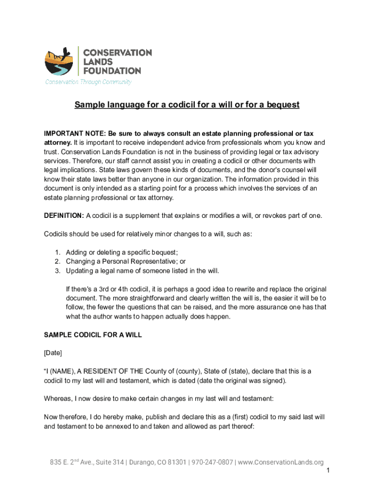Fillable Online Codicil for a Will or Bequest Fax Email Print - pdfFiller