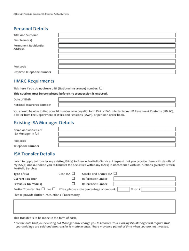 Fillable Online Brewin Portfolio Service: Isa Transfer Authority Form Fax Email Print - pdfFiller