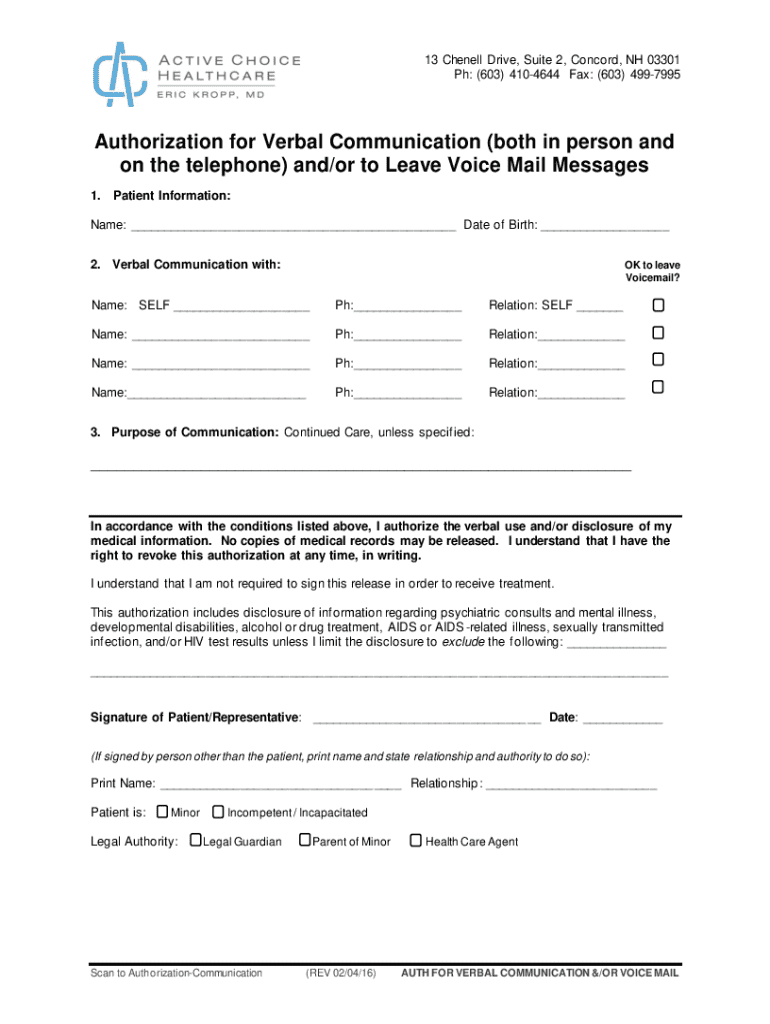Fillable Online Authorization for Verbal Communication and/or to Leave ...