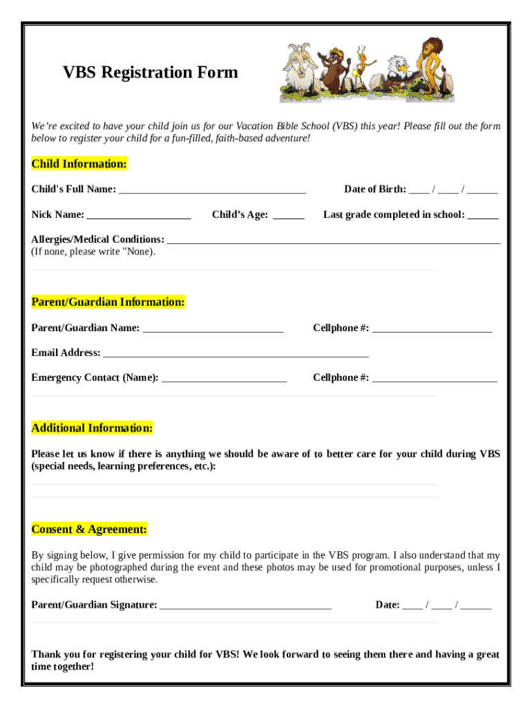 Vbs Registration - scc adventist Doc Template | pdfFiller