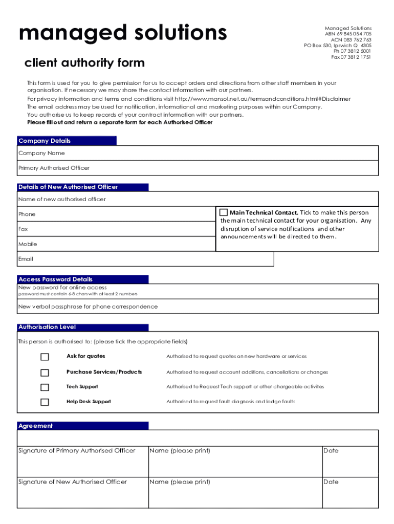 Fillable Online Managed Solutions Client Authority Form Fax Email Print ...