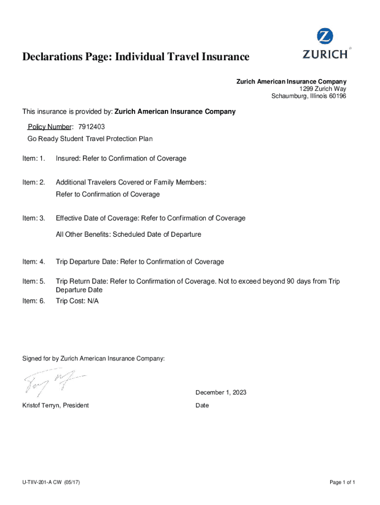 Fillable Online Individual Travel Insurance Policy Fax Email Print ...