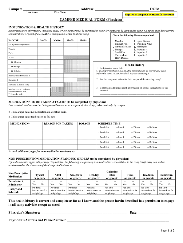 Fillable Online Camper Medical Form (physician and Parent/guardian) Fax ...