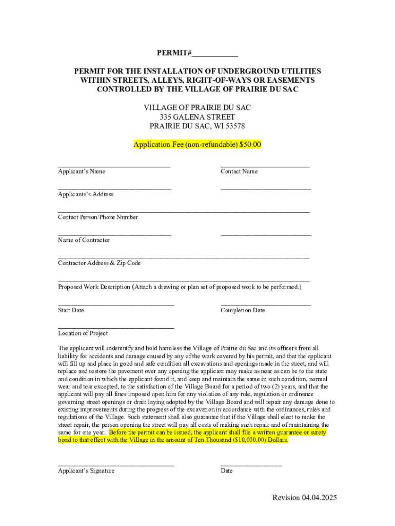 Fillable Online Permit for the Installation of Underground Utilities ...