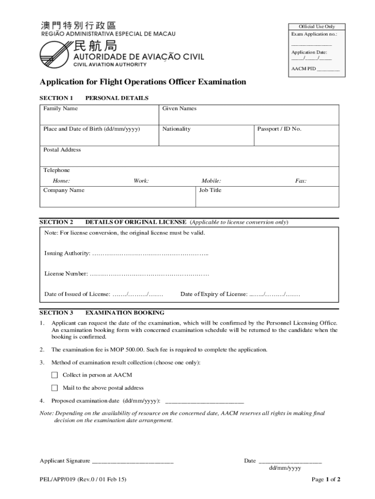 Fillable Online Application for Flight Operations Officer Examination ...