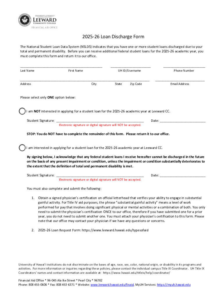 Fillable Online 2025-26 Loan Discharge Form Fax Email Print - pdfFiller