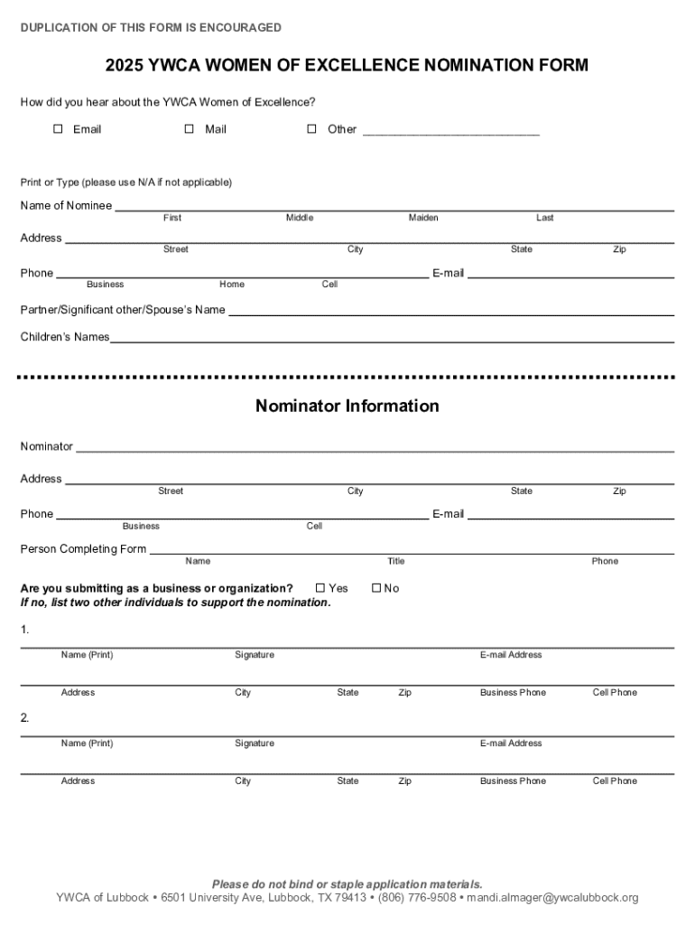 Fillable Online 2025 Ywca Women of Excellence Nomination Form Fax Email ...