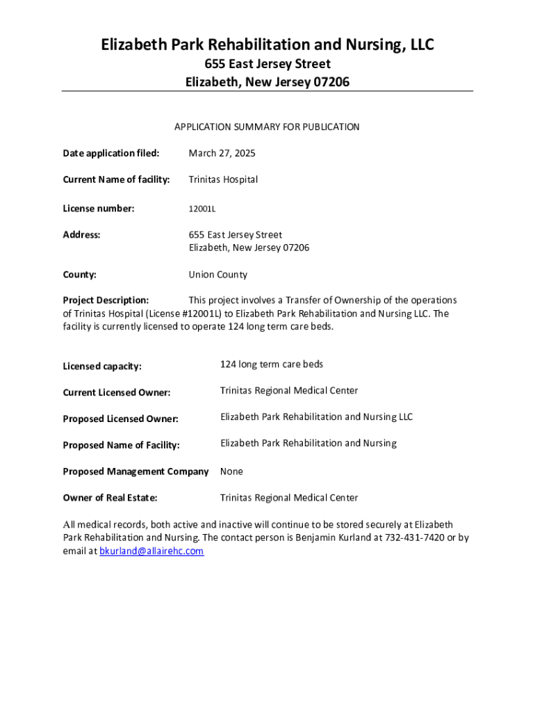 Fillable Online Lease Agreement Between Trinitas Regional Medical Center and Elizabeth Park ...
