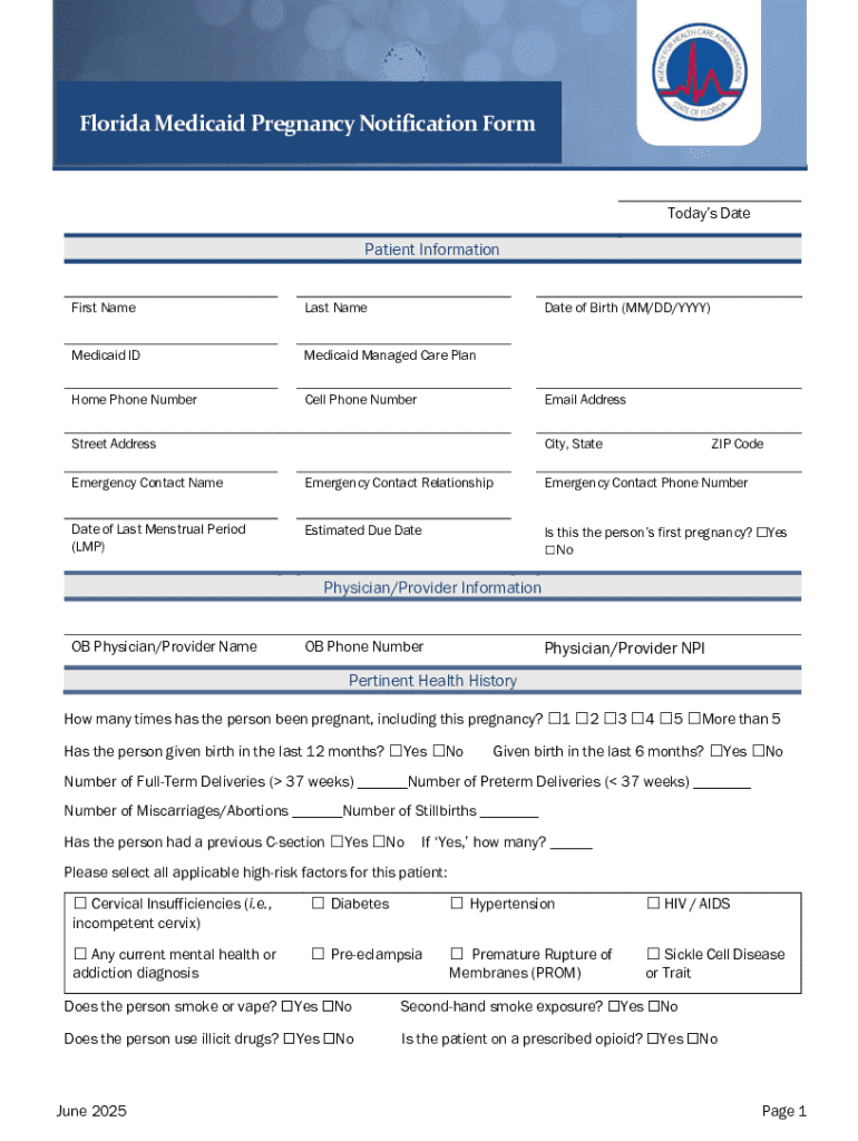 Florida Medicaid Pregnancy Notification Form - Blank Fillable Template ...
