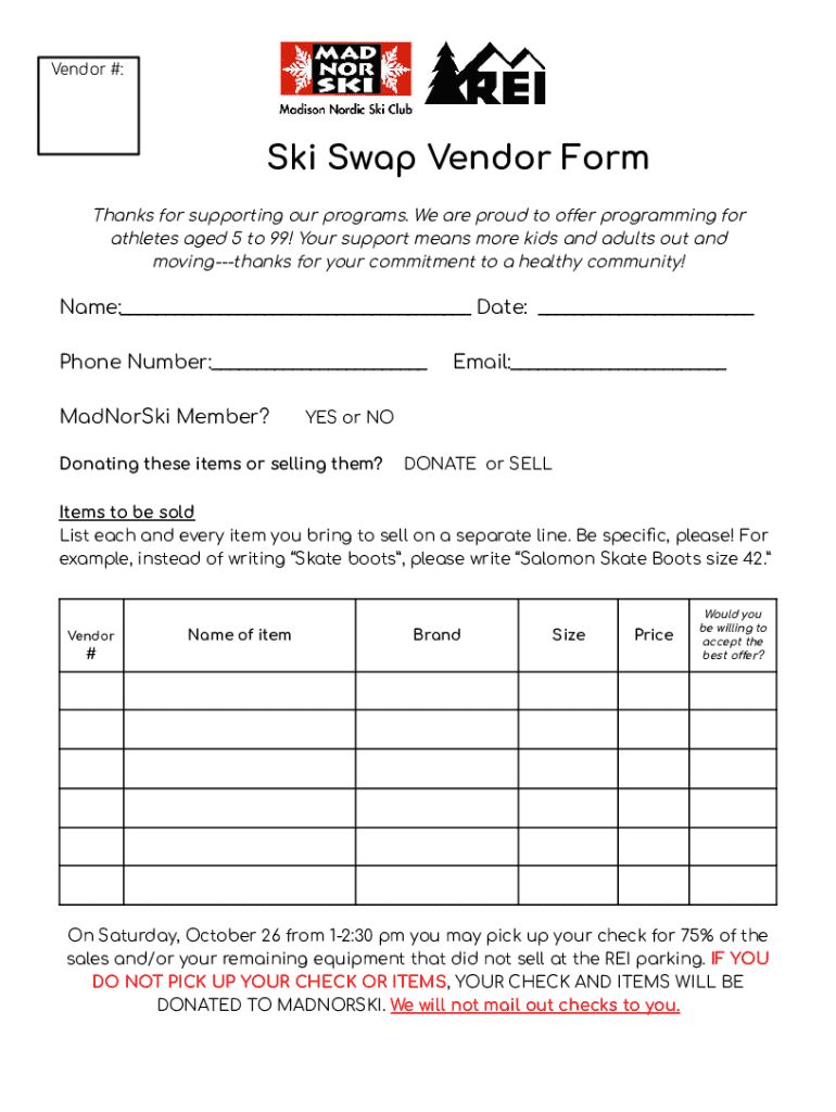 Fillable Online Ski Swap Vendor Form Fax Email Print - pdfFiller