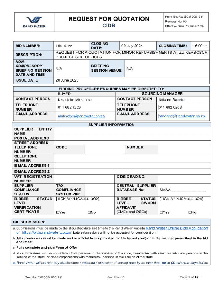 Fillable Online Request for Quotation for Minor Refurbishments at Zuikerbosch Project Site ...