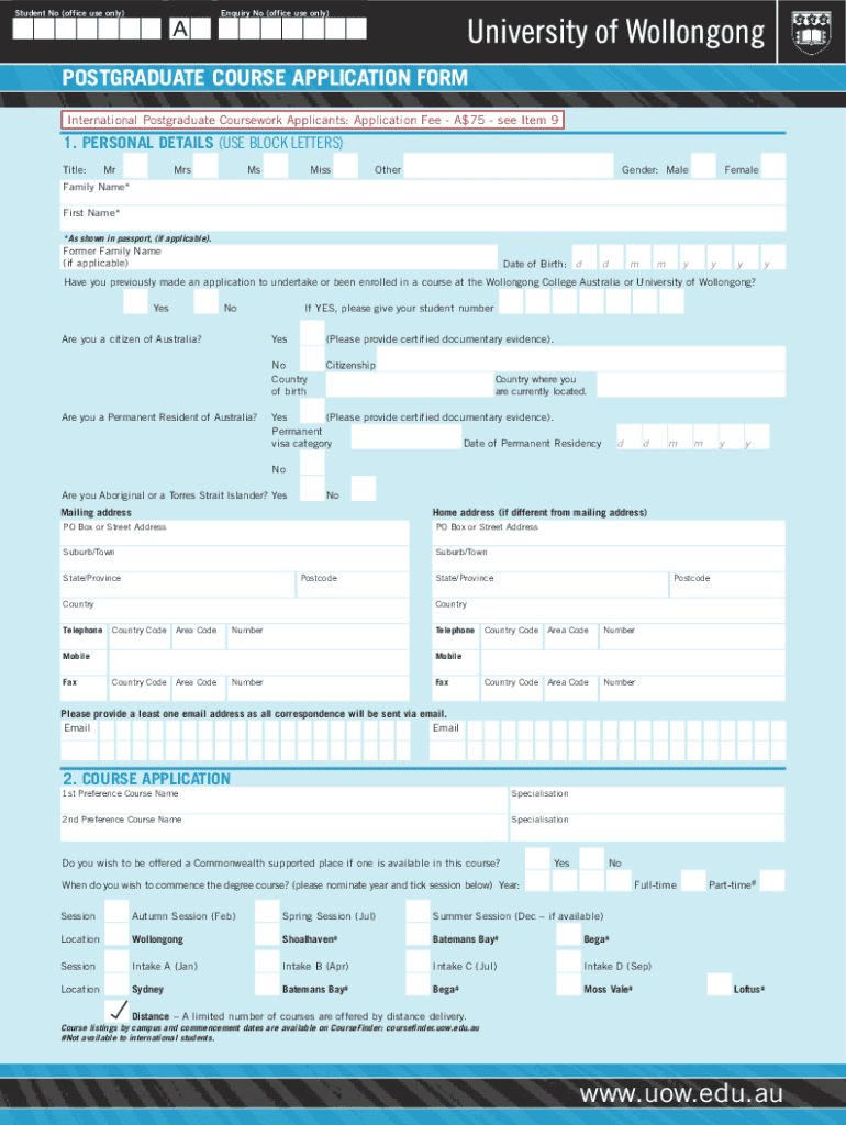 Fillable Online Postgraduate Course Application Form Fax Email Print - pdfFiller