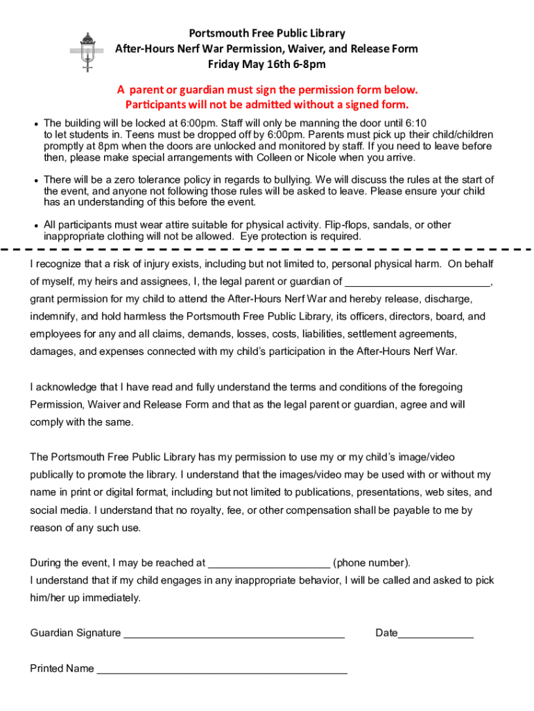 Fillable Online After-hours Nerf War Permission, Waiver, and Release Form Fax Email Print ...