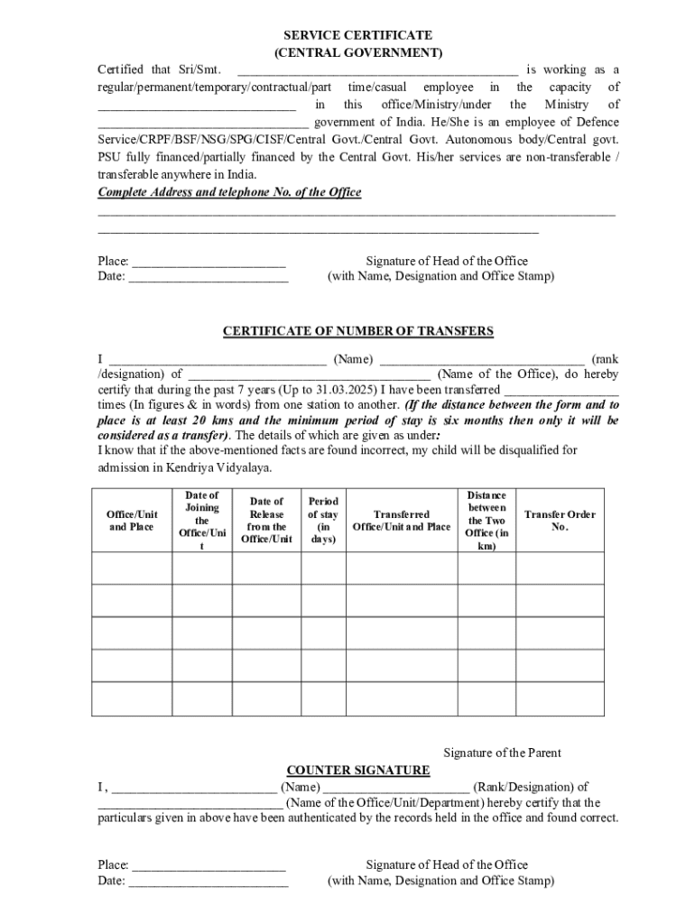 Fillable Online Service Certificate (central Government) Fax Email ...