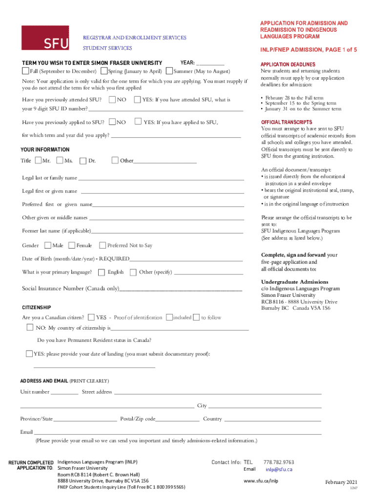 Fillable Online Application for Admission and Readmission to Indigenous Languages Program Fax ...