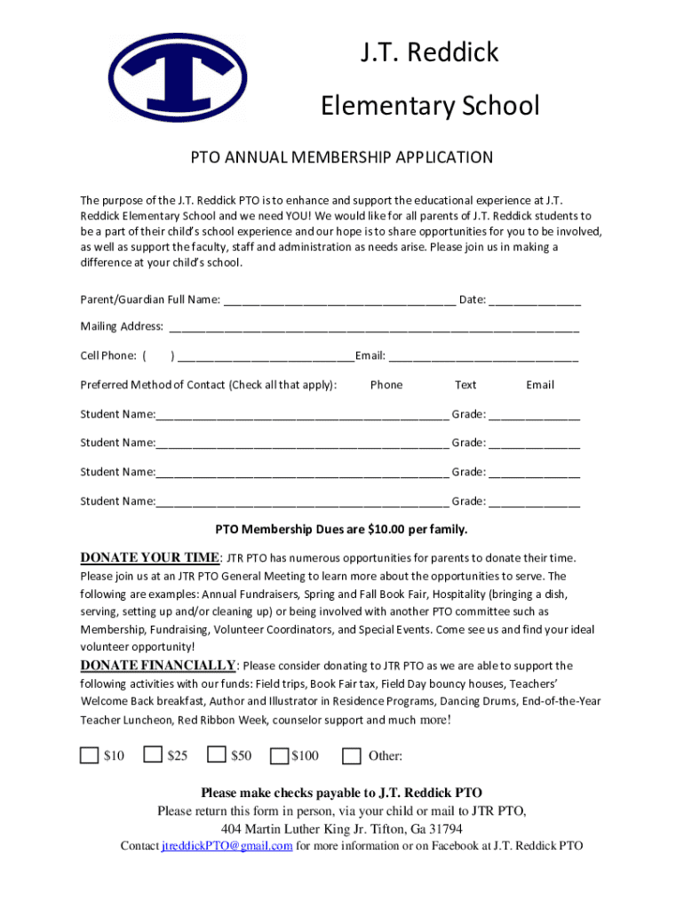Fillable Online J.t. Reddick Elementary School Pto Membership Application Fax Email Print ...