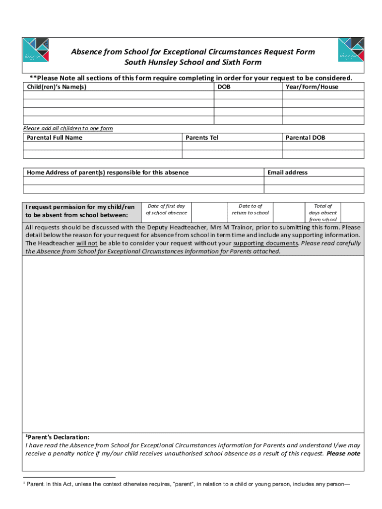 Fillable Online Absence From School for Exceptional Circumstances Fax Email Print - pdfFiller