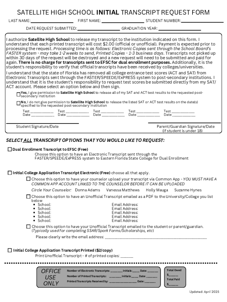 Fillable Online Satellite High School Initial Transcript Request Fax Email Print - pdfFiller