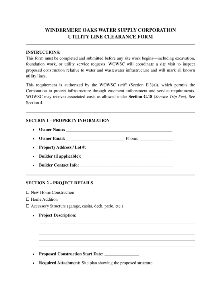 Fillable Online Windermere Oaks Water Supply Corporation Utility Line ...
