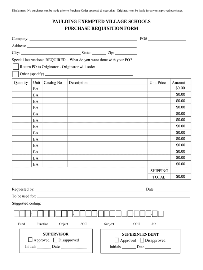 Fillable Online Paulding Exempted Village Schools Purchase Requisition ...