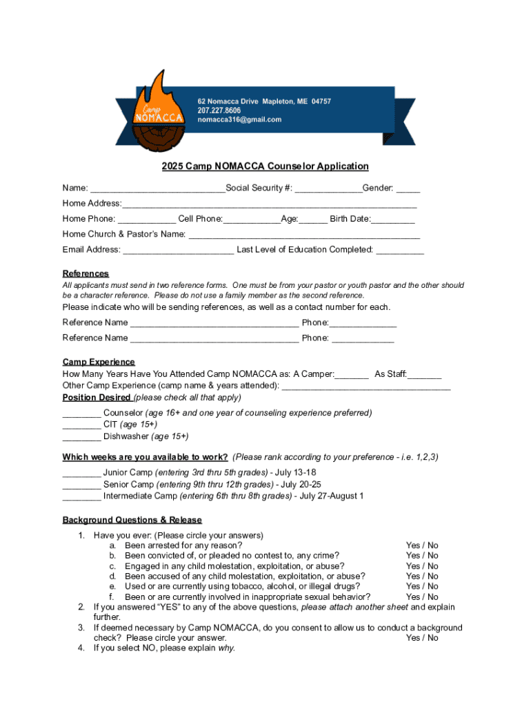 Fillable Online 2025 Camp Nomacca Counselor Application Fax Email Print ...