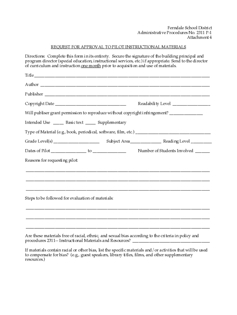 Fillable Online Request for Approval to Pilot Instructional Materials Fax Email Print - pdfFiller