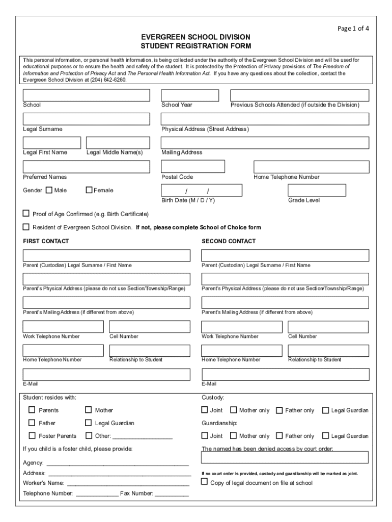 Fillable Online Evergreen School Division Student Registration Form Fax ...