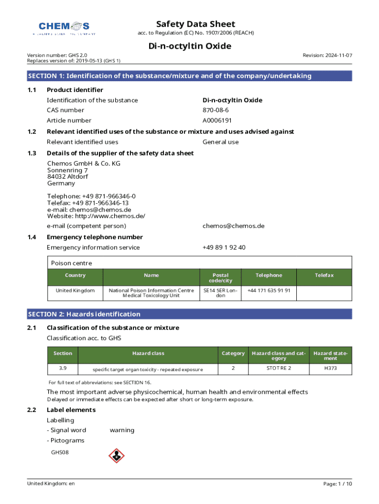 Fillable Online Safety Data Sheet Acc. to Regulation (ec) No. 1907/2006 ...